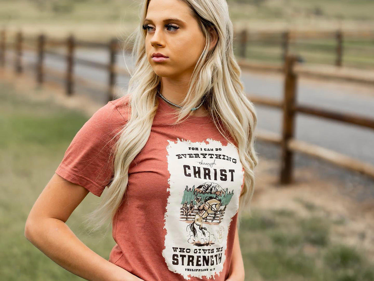 Rocking Bar H Ladies HE GIVES ME STRENGTH Tee – Rocking Bar H Ranch